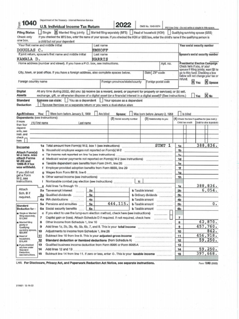 VPOTUS 2022 Tax Returns Final Signed Redacted | PDF