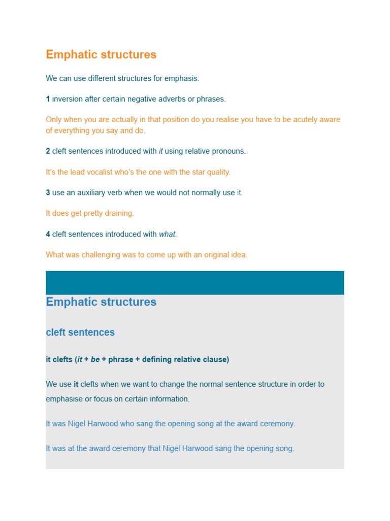 EMPHATIC STRUCTURES (with practice and key) | PDF | Clause | Verb