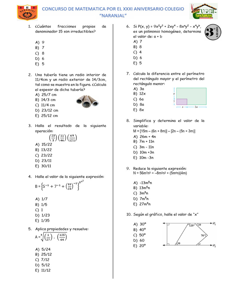 3ro Grado Examen | PDF | Álgebra | Matemáticas