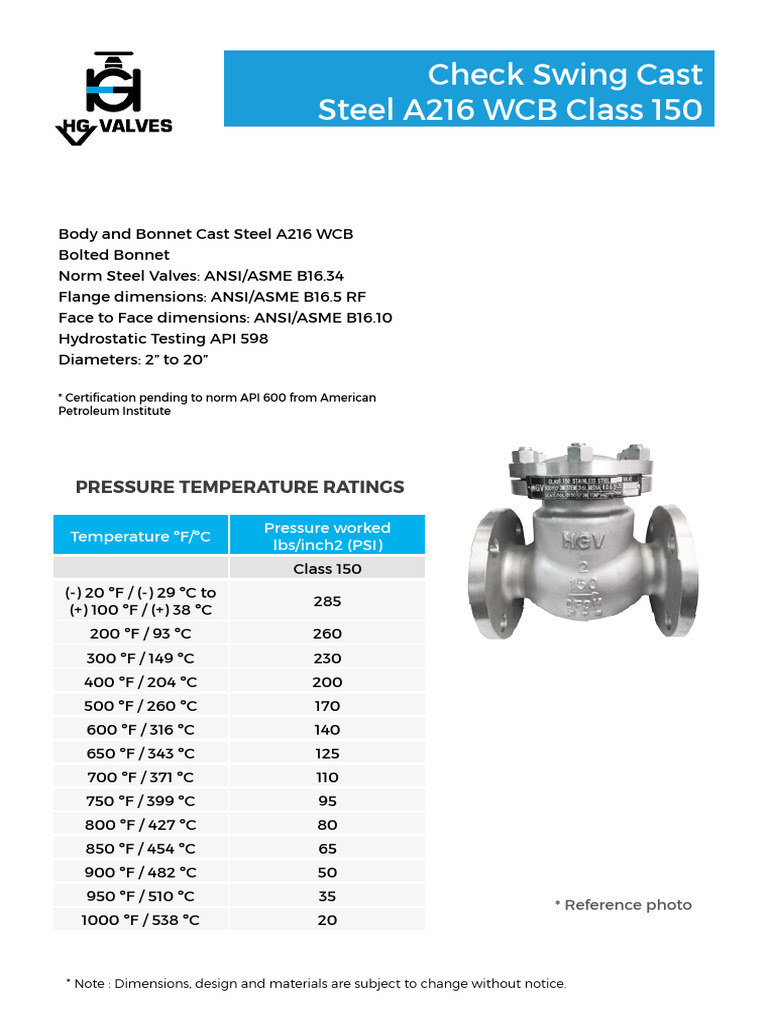 Check Swing Cast Steel A216 WCB Class 150: Pressure Temperature Ratings ...