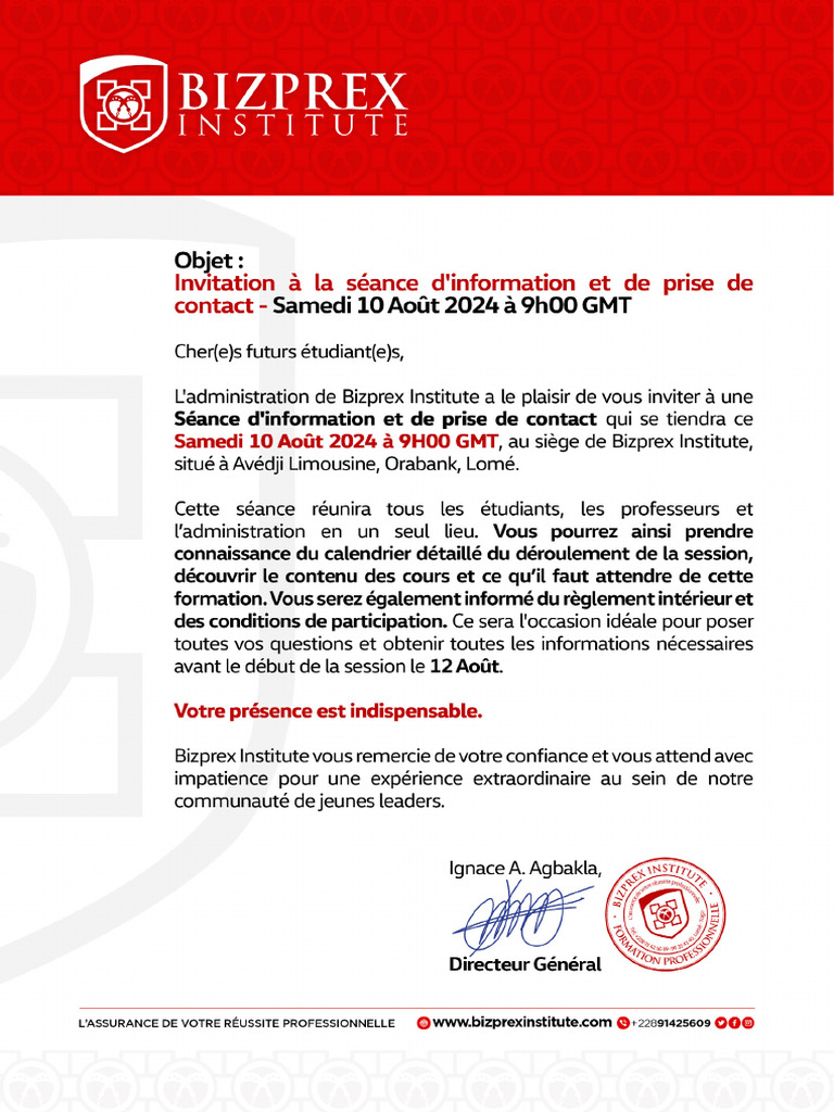 INVITATION OFFICIELLE SESSION D'AOUT 2024 at BIZPREX INSTITUTE | PDF