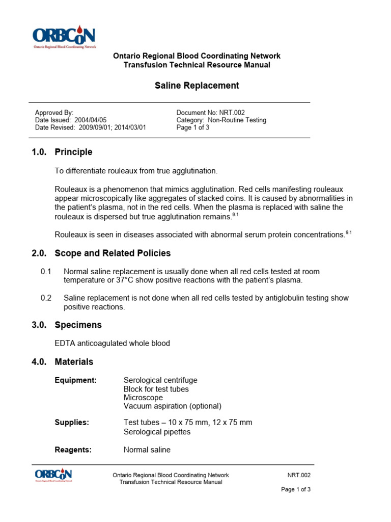 Saline Replacement Procedure in Hematology | PDF | Serology | Blood