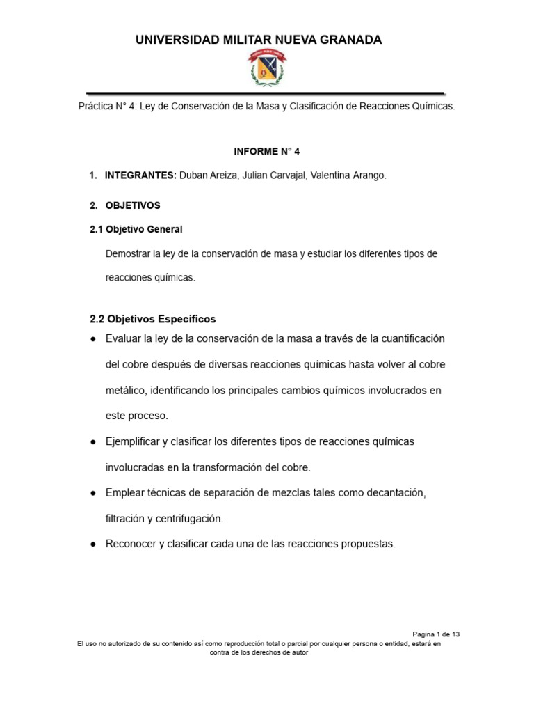 Informe 4 Ley de Conservaci N de La Masa y Clasificaci N de Reacciones Qu Micas PDF | PDF ...