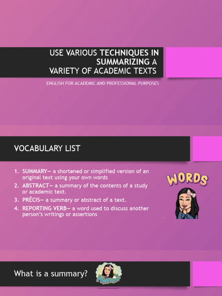 Eapp - L3 - Use Various Techniques in Summarizing | PDF | Instructional Design | Abstract (Summary)