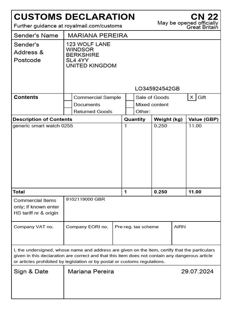 Customs Declaration CN 22 Form Guide | PDF | Customs | Value Added Tax