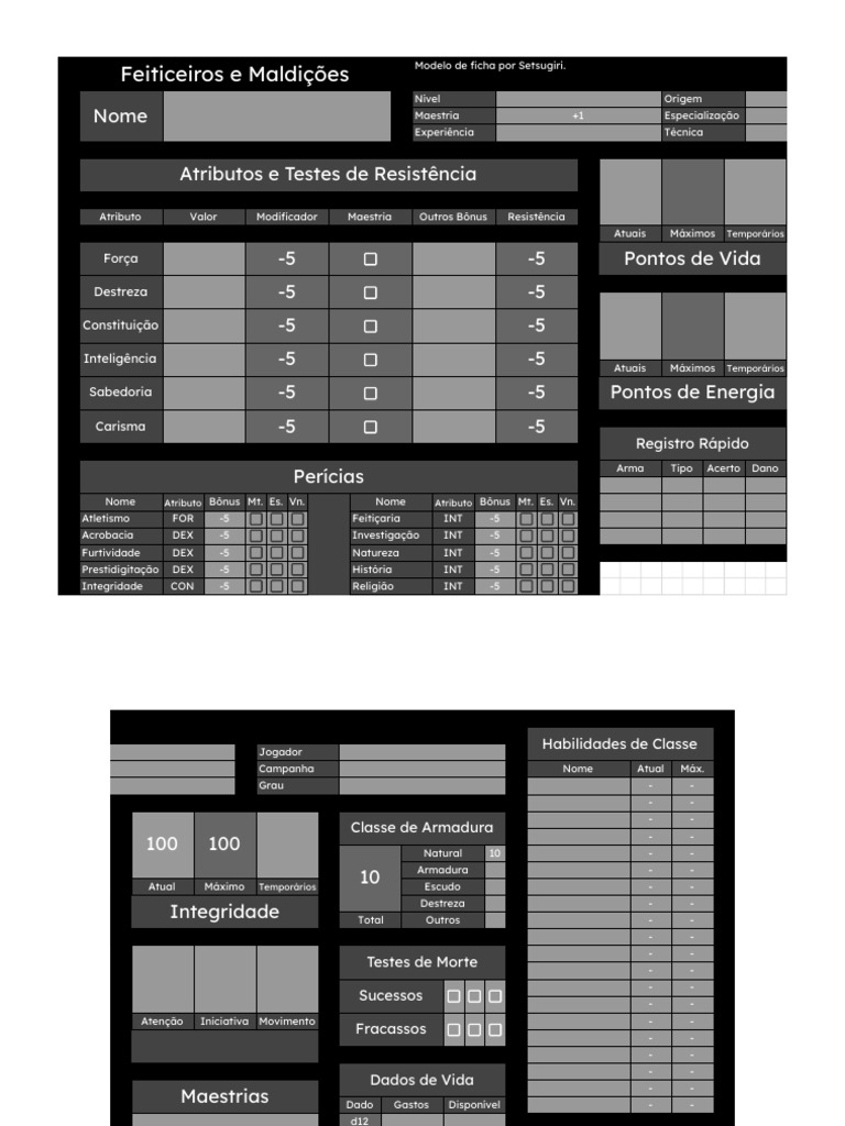 Modelo de Ficha - Feiticeiros e Maldicoes - Ficha Pessoal | PDF