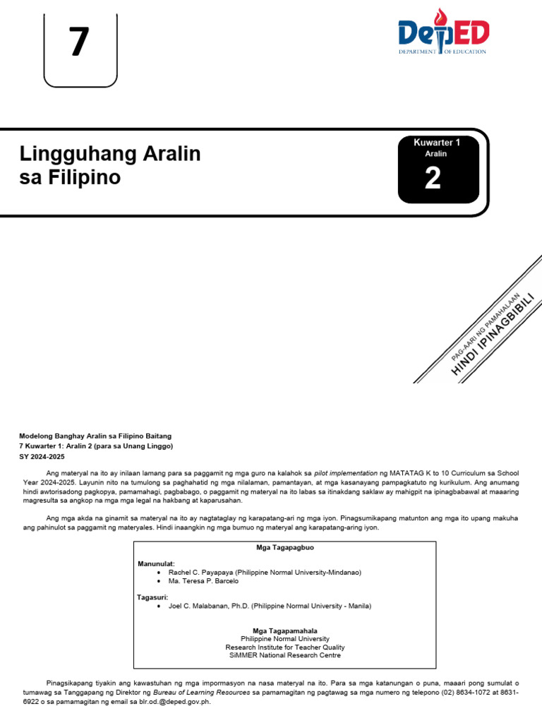 LE_Q1_Filipino 7_Lesson 1_Week 1 | PDF