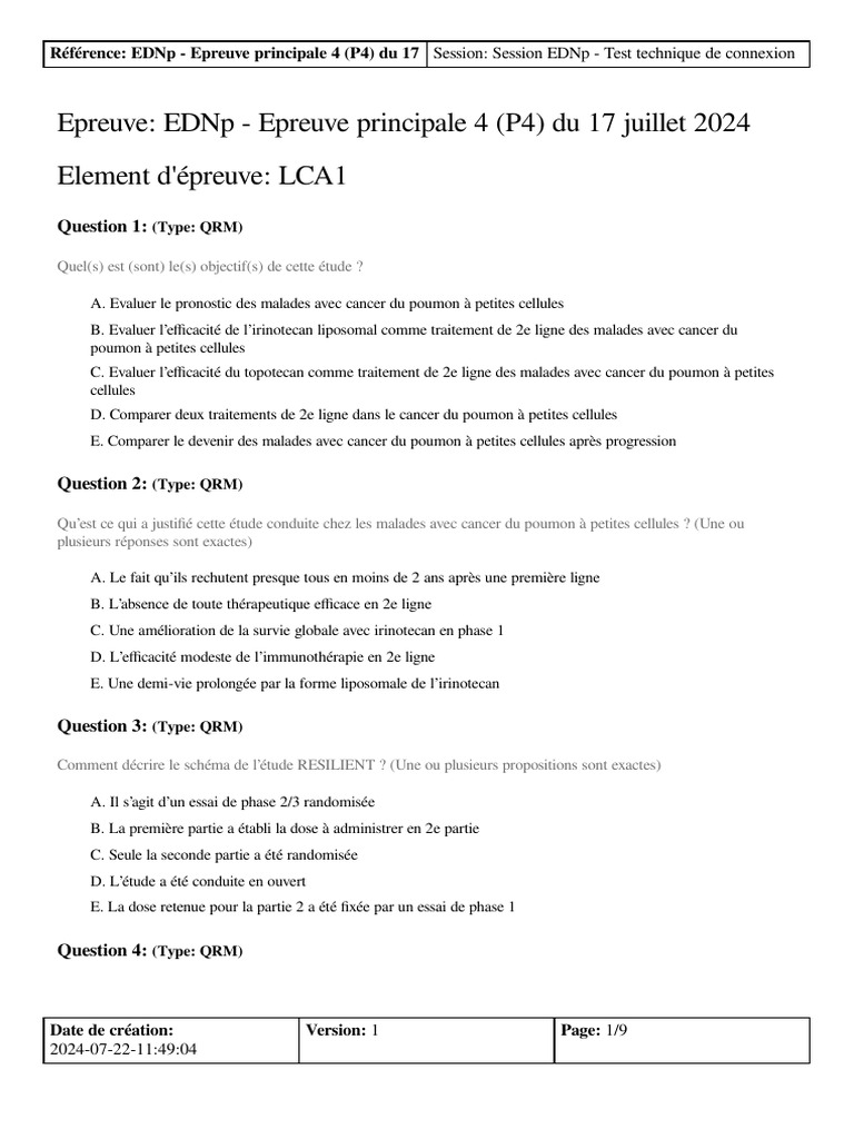 Epreuve EDNp 2024 : Cancer poumon P4 | PDF | Cancer | Cancer du poumon