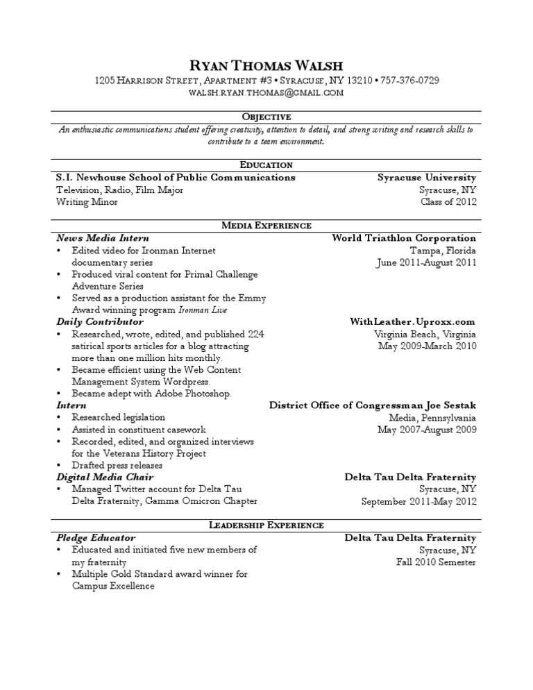 Ryan Walsh: Communications Student CV | PDF