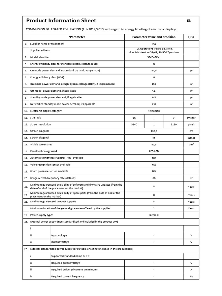 Product Information Sheet | PDF | Power Supply | Display Technology
