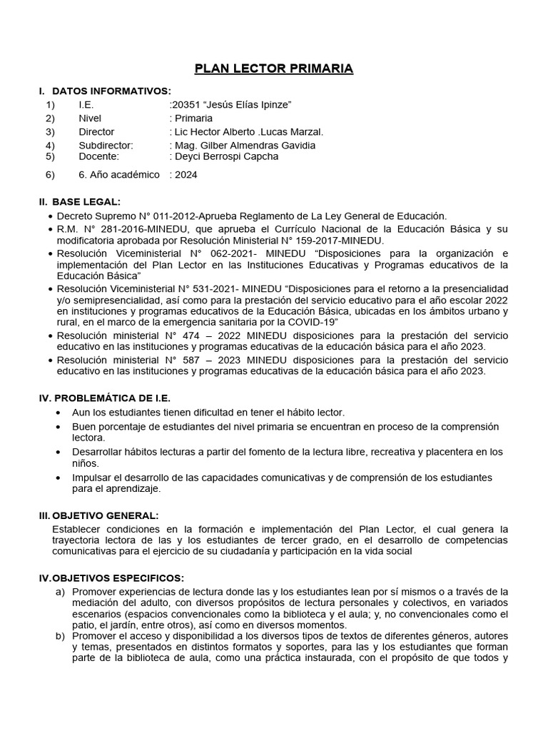 PLAN LECTOR PRIMARIA 6to de Primaria | PDF | Salón de clases ...