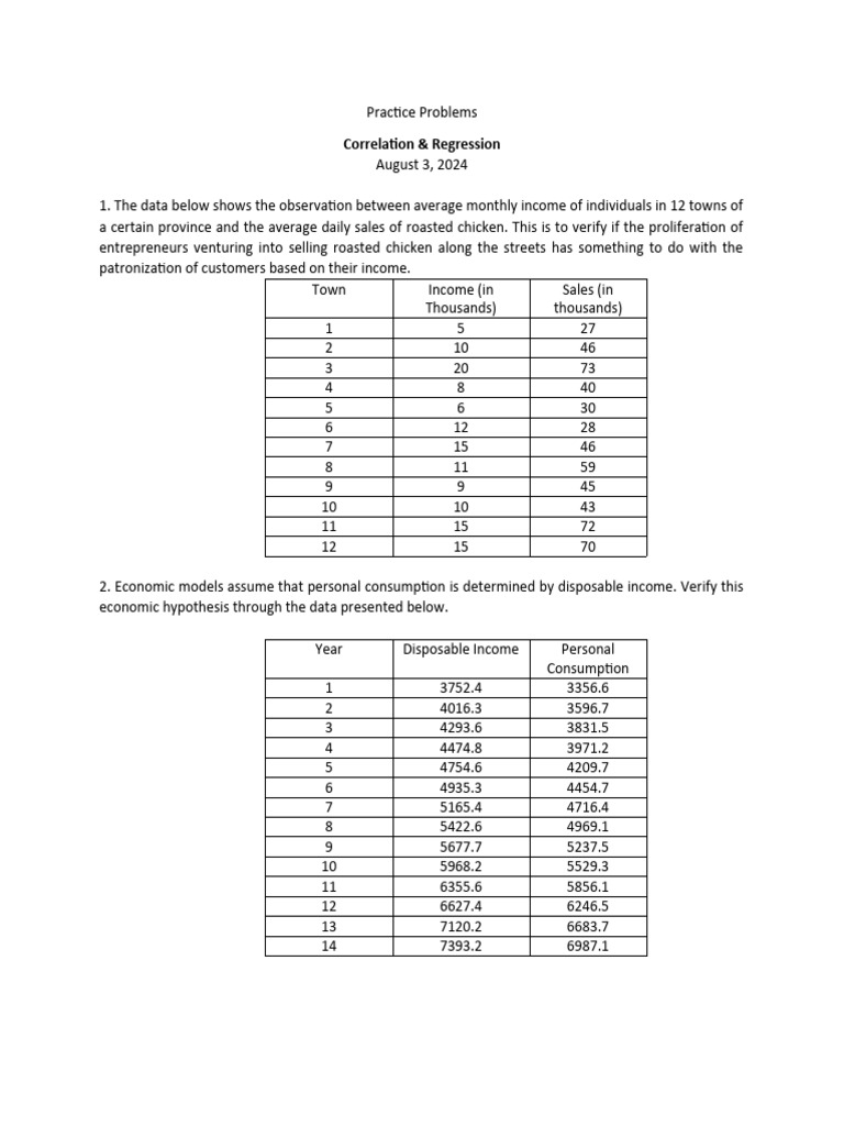 Practice Problems Correlation Regression Aug 3 2024 | PDF | Income ...
