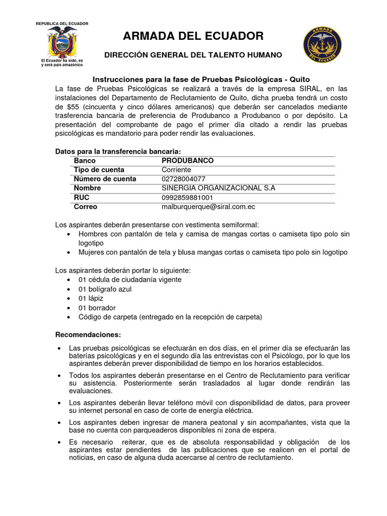 Instrucciones para La Fase de Pruebas Psicológicas - Arma y ESMENA ...