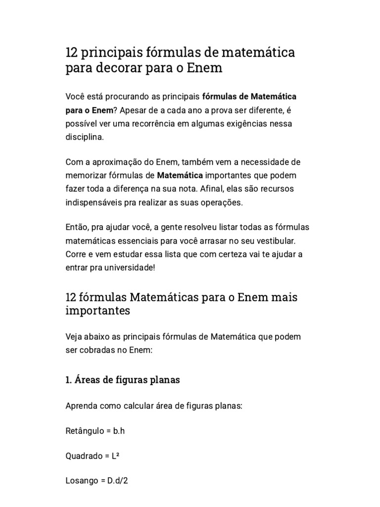 12 Principais Fórmulas de Matemática para Decorar para o Enem | PDF ...