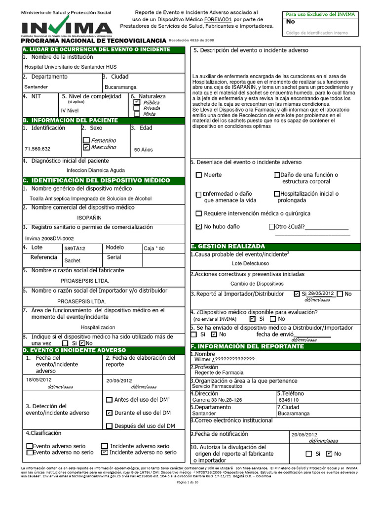 Reporte de Incidentes Adversos en Dispositivos Médicos | PDF | Medicina ...
