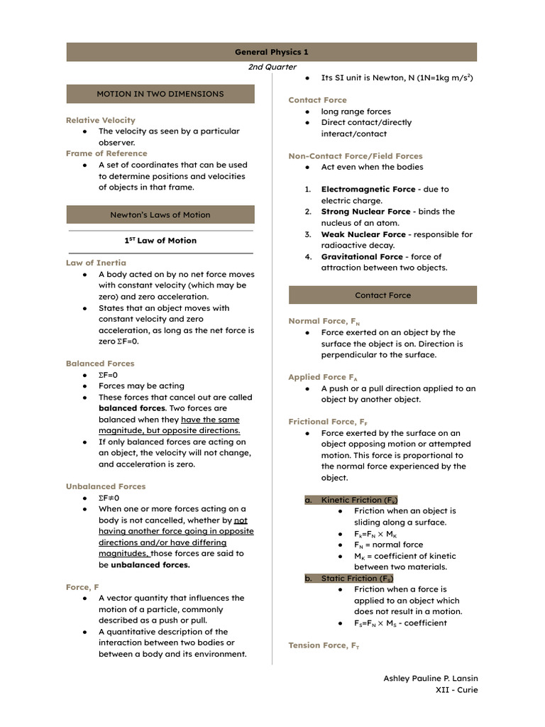 Physics Reviewer Polin 1 | PDF | Force | Tension (Physics)
