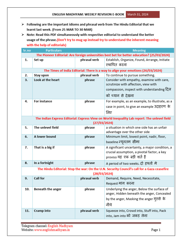 Weekly Idioms Compilation 31 March 2024 | PDF