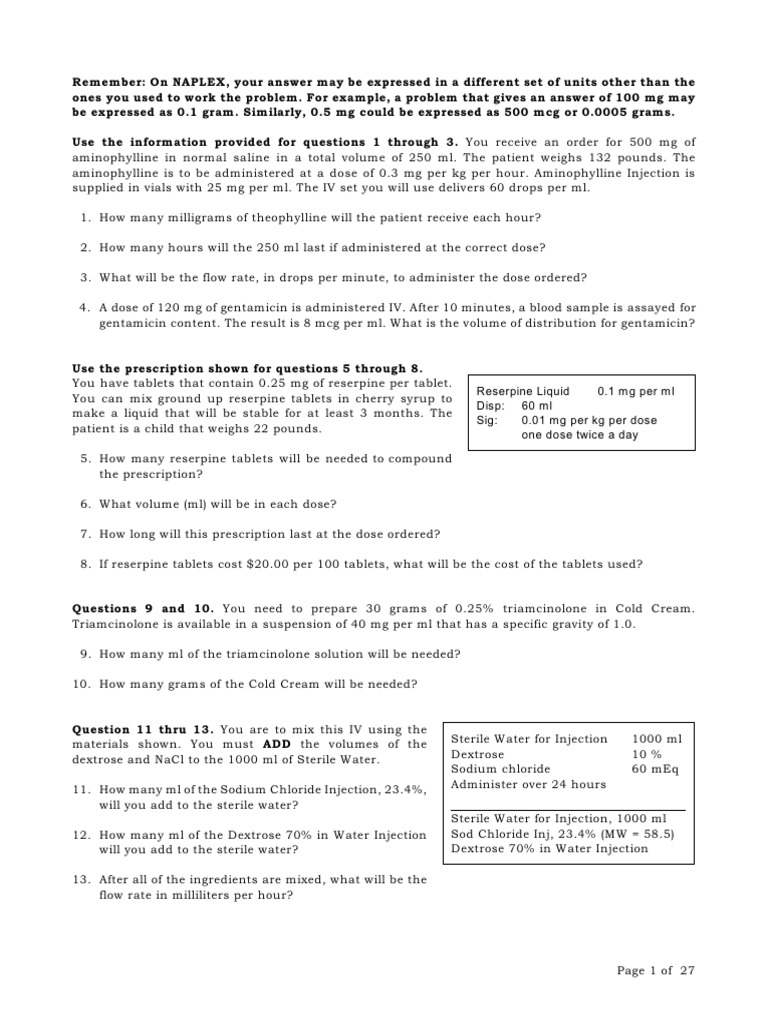 120 Calc Problem Collection | PDF | Renal Function | Saline (Medicine)