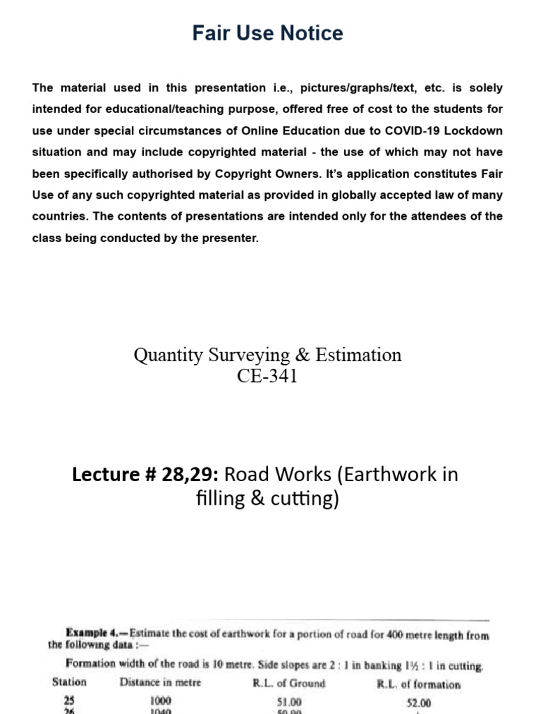 Lecture # 28,29, Road Works (Earthwork in Filling & Cutting) | PDF