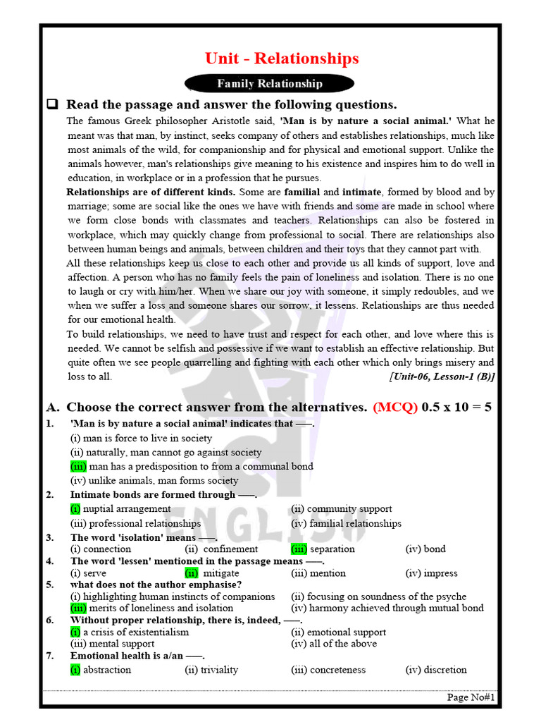Unit - Relationships: Read The Passage and Answer The Following ...
