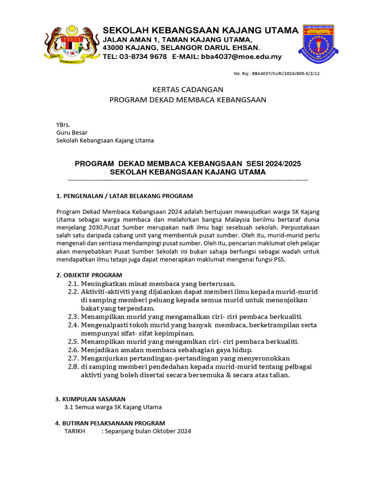 Kertas Kerja Proram Dekad Membaca Kebangsaan 2024 | PDF