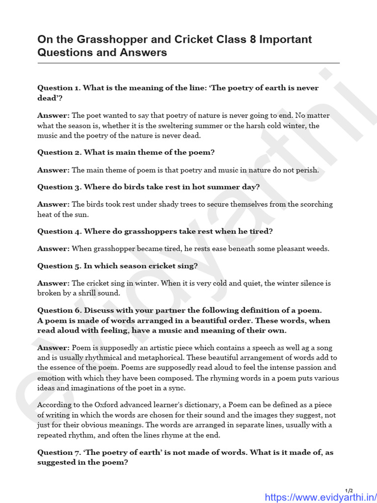 Class 8 English Poem 8 Important Questions Honeydew Poem | PDF | Poetry