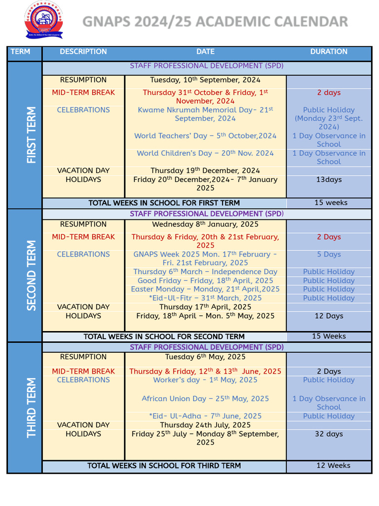 Gnaps Calendar 2025 (F) | PDF | Holidays | Academic Term
