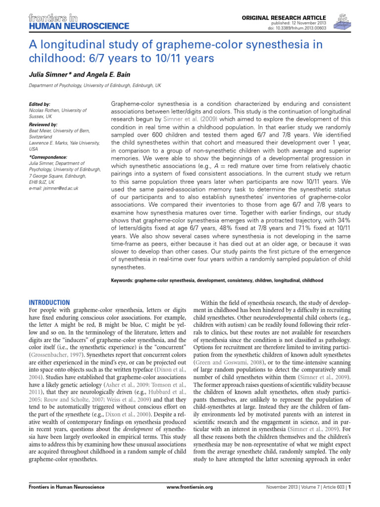 Longitudinal Study of Synesthesia in Children | PDF | Color | Standard ...