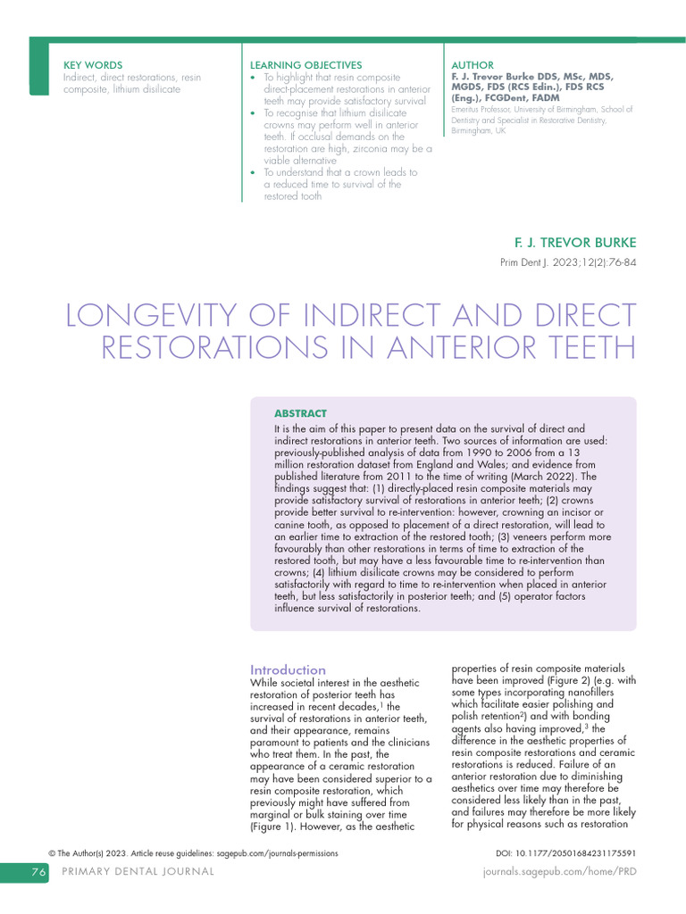 2023 Longevity of Indirect and Direct Restorations in Anterior Teeth | PDF | Dental Composite ...