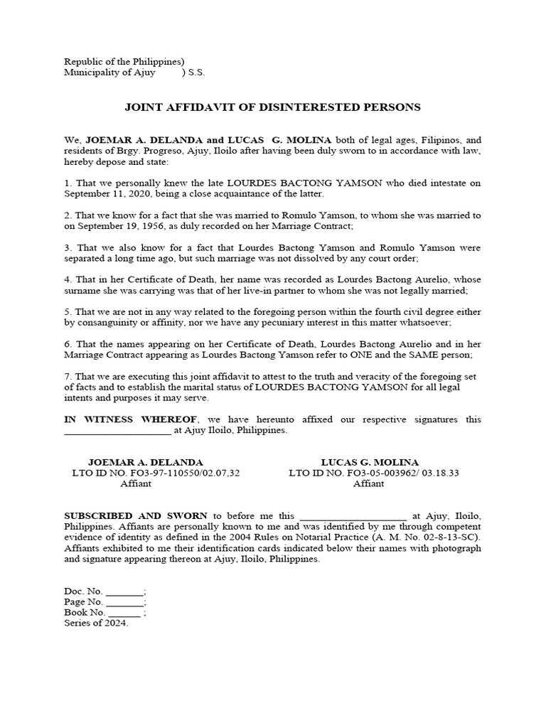 Affidavit of Disinterested Persons | PDF | Law