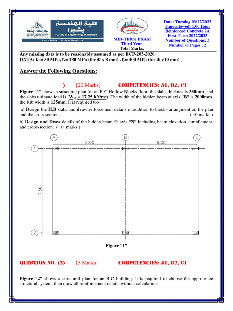 3rd - Struc-Concrete-Mid-term Exam-First-Term 2022 | PDF