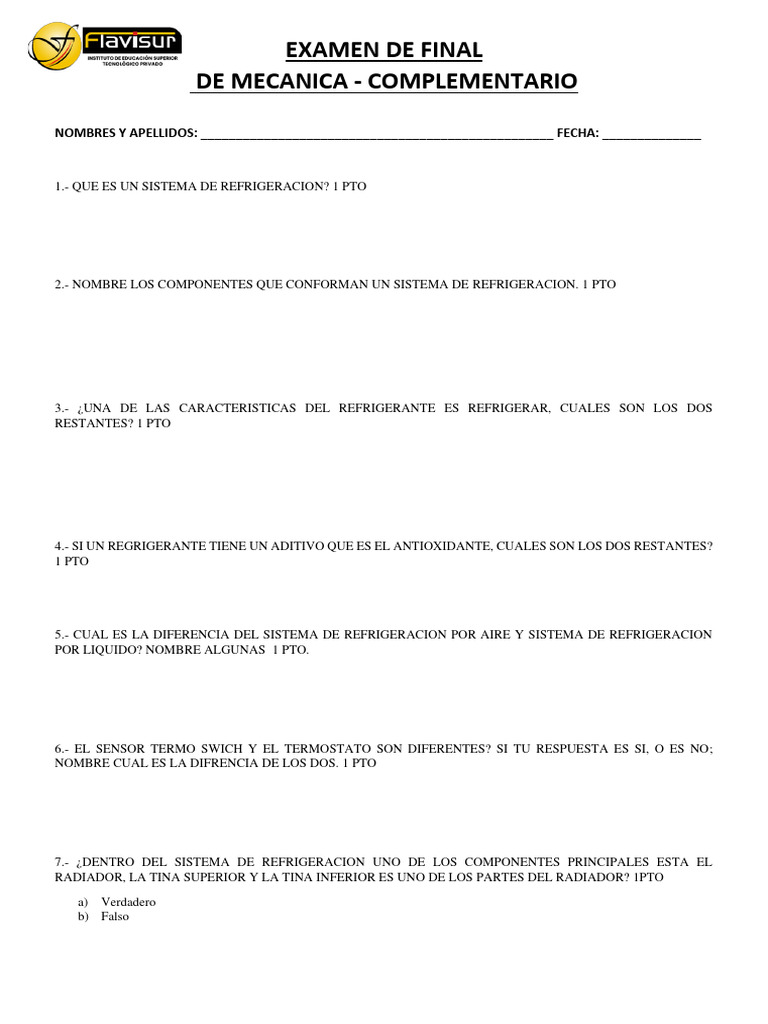 Examen Final de Mecanica - Sistema de Refrigerancion | PDF | Refrigeración | Refrigerante
