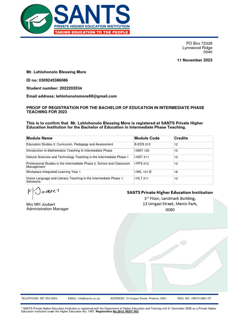 Proof of Registration: B.Ed. Intermediate Phase | PDF | Cognition ...