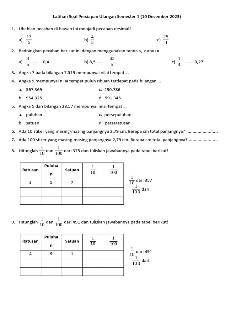 Latihan Soal Persiapan Ulangan Semester 1 (Daffa) | PDF