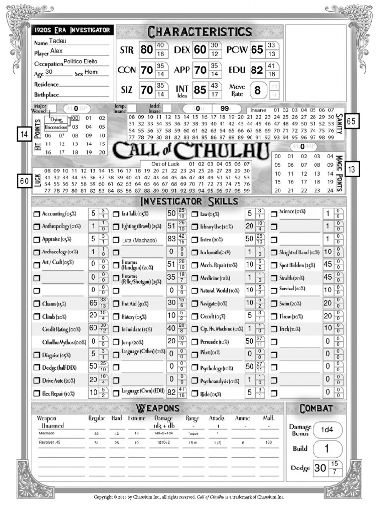 CoC - 7th Edition Character Sheet - Fillable_cópia-1 | PDF