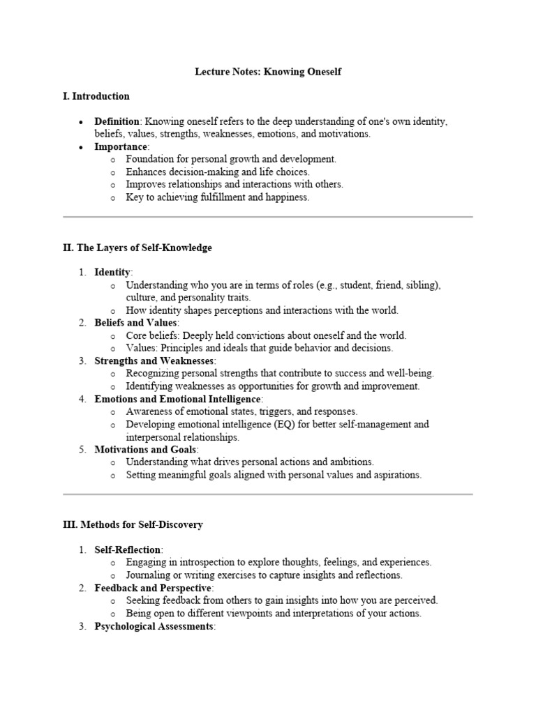 Lecture Notes Knowing Oneself | PDF | Personal Development | Self Awareness
