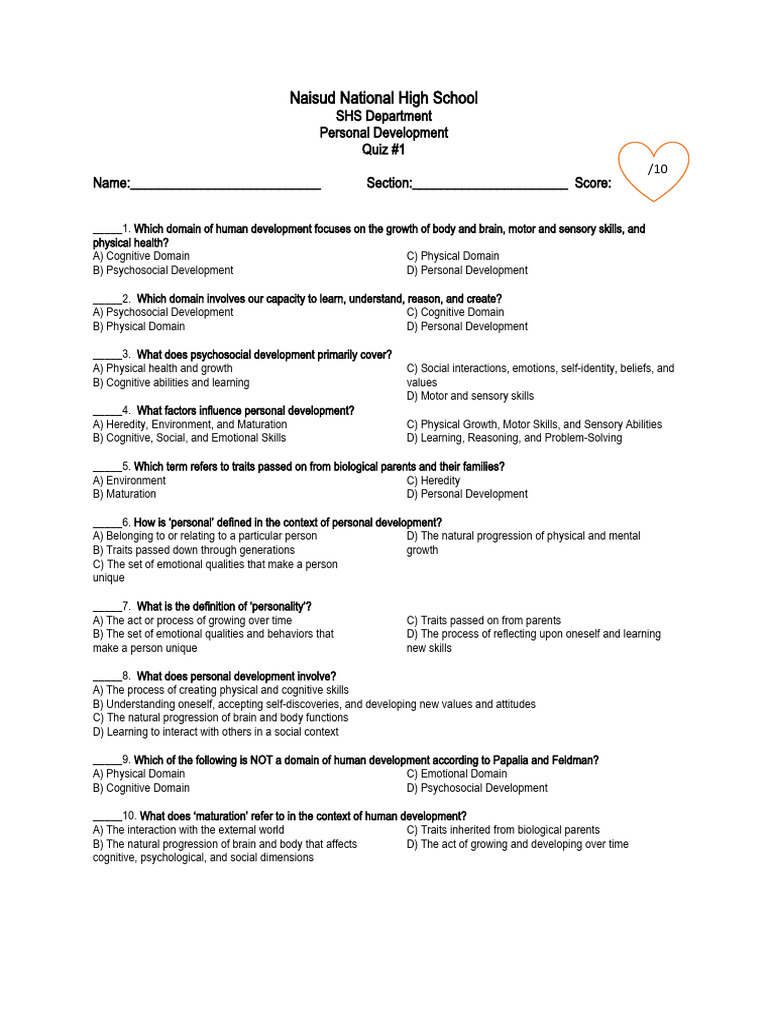 Personal Development Quiz for SHS Students | PDF | Developmental ...