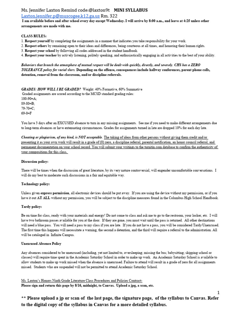 Mini Laxton - Syllabus - 9th - Grade - Honors - 2024 | PDF