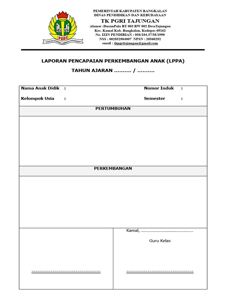 Format Lppa Paud Laporan Perkembangan Anak | PDF