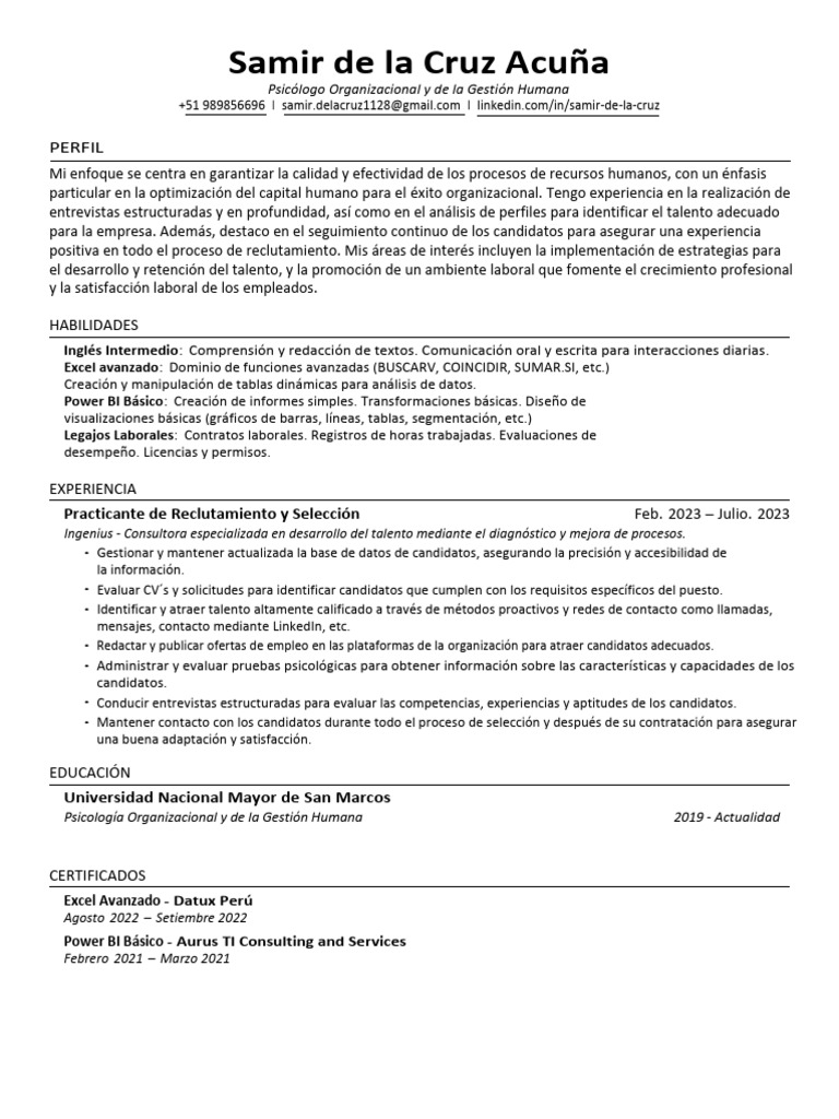 Samir de la Cruz Acuña: Psicólogo Organizacional | PDF | Reclutamiento | Psicología industrial y ...