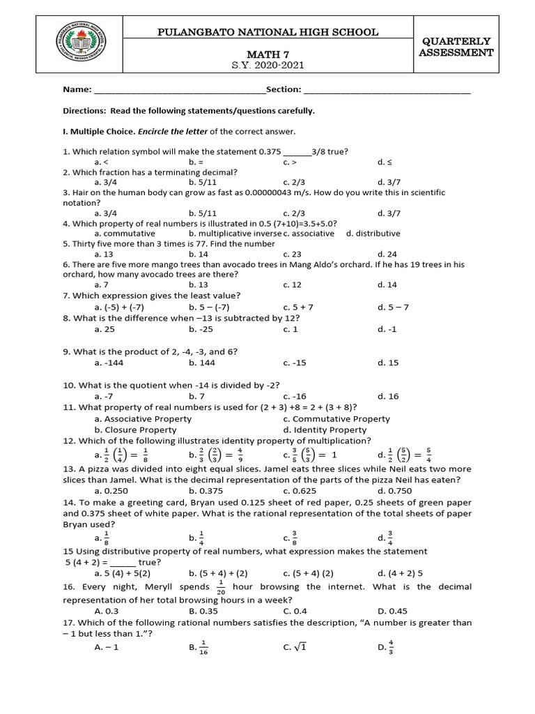 Assessment Math 7 | PDF | Square Root | Numbers