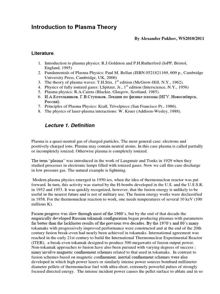 Introduction To Plasma Theory, A Pukhov, 2011, (72p) | PDF | Plasma ...