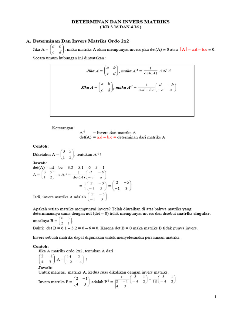 Invers dan Determinan Matriks 2x2 dan 3x3 | PDF