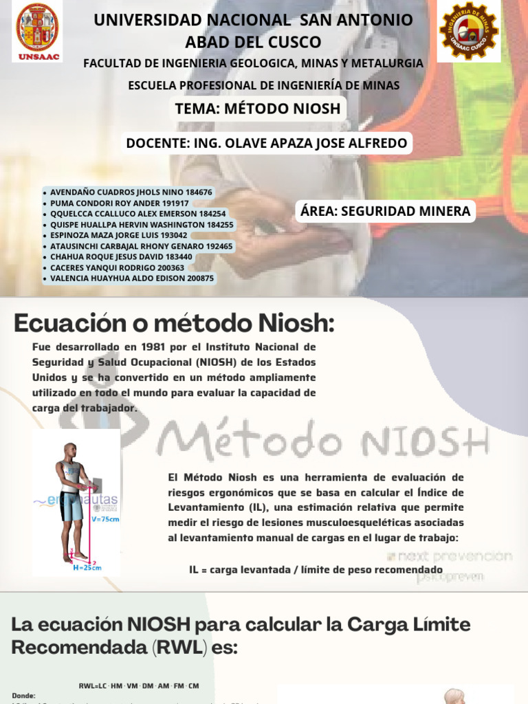 MÉTODO NIOSH - DIAPOSITIVAS | PDF | Factores humanos y ergonomía | Dolor lumbar