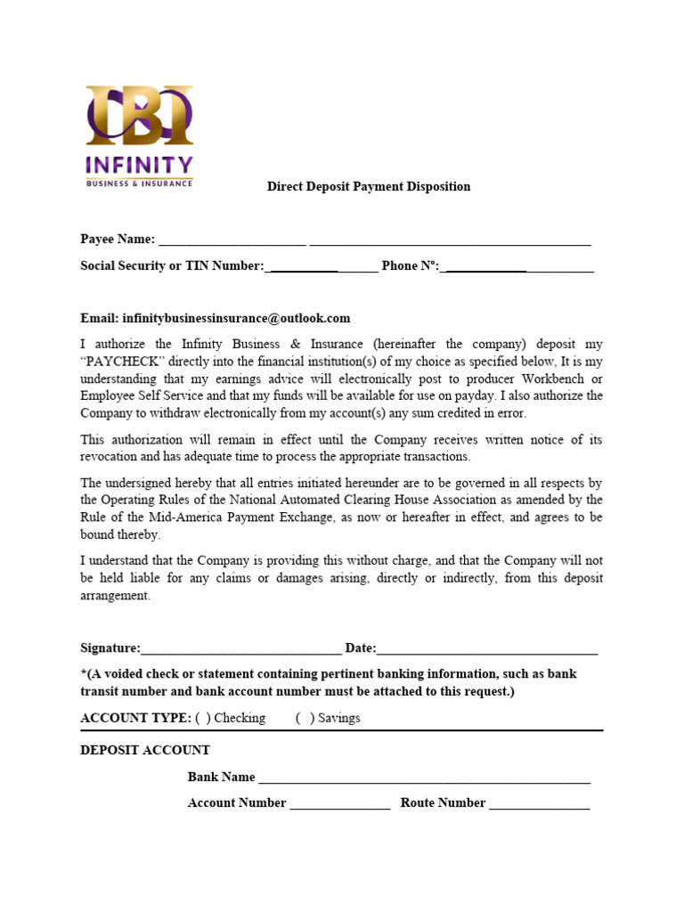 Direct Deposit Payment Disposition Form INFINITY BUSINESS & INSURANCE | PDF