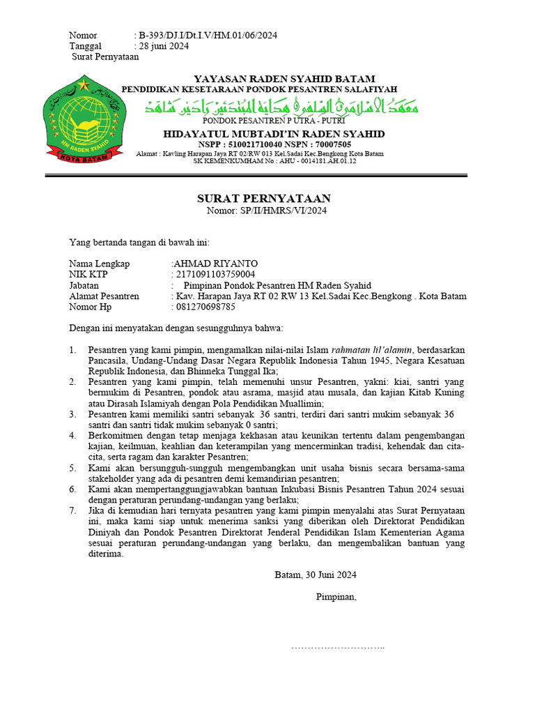 Surat Pernyataan Pondok Pesantren Batam | PDF