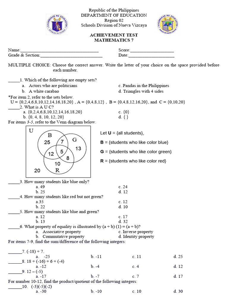 Grade 7 Mathematics Achievement Test | PDF | Angle | Euclidean Geometry