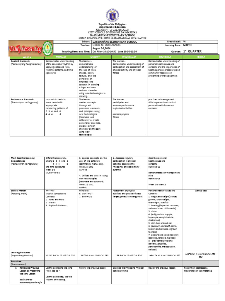 DLL - MAPEH6 WEEK 2 - Q1 by MARVIN | PDF | Learning | Differentiated Instruction
