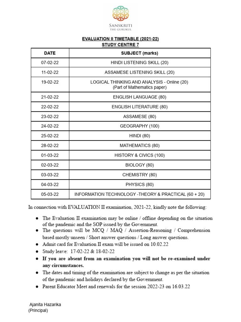 SC 7 - Evaluation Ii Timetable | PDF