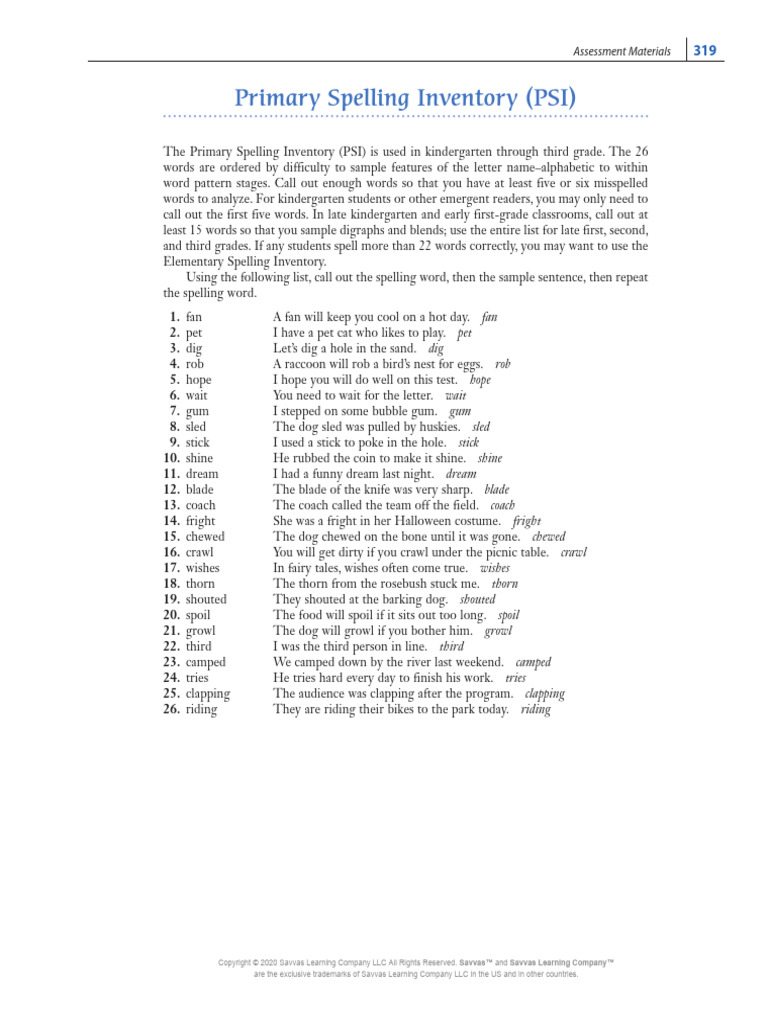 Primary and Elementary Spelling Inventory | PDF | Syllable | Consonant